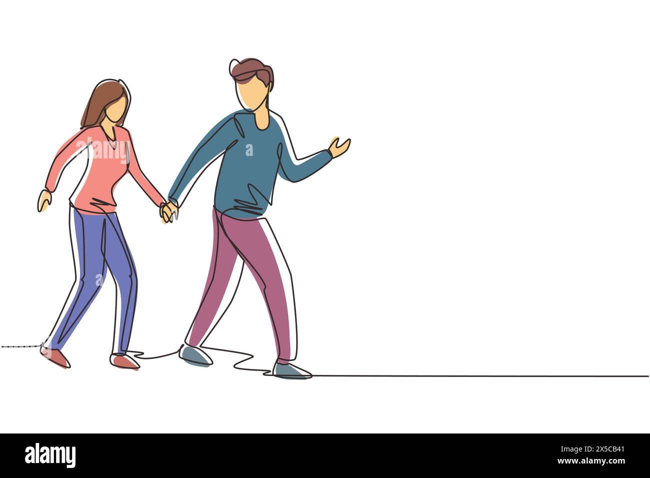 Single one line drawing happy man pulled woman hand. Romantic couple ...