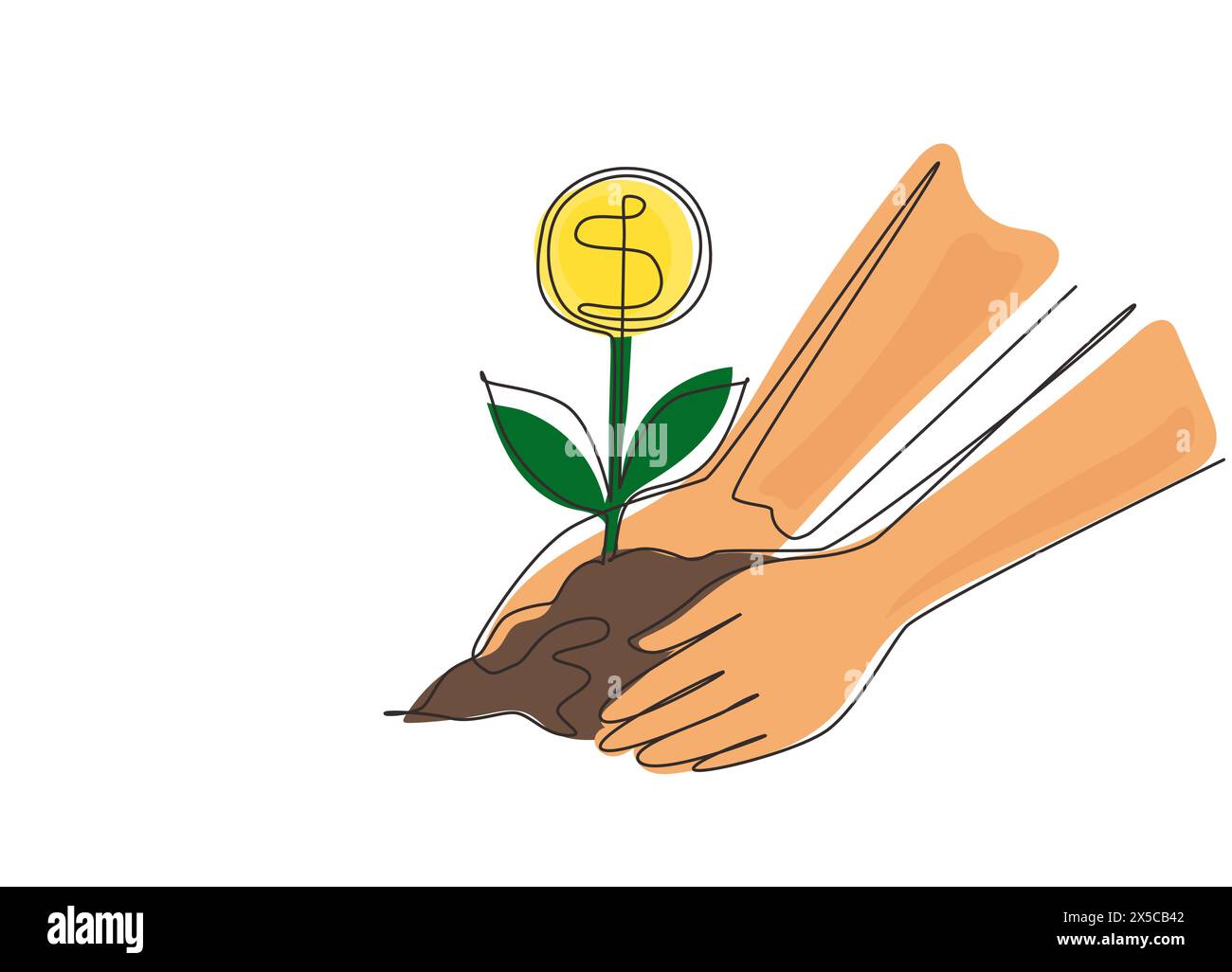 Single one line drawing planting young money tree by kid hand on back ...