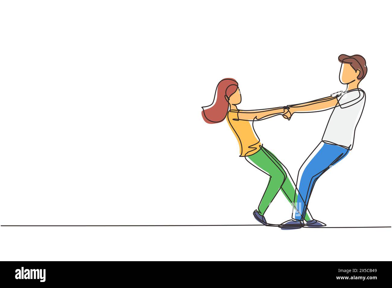 Single one line drawing happy cute man and woman dancing on the floor ...