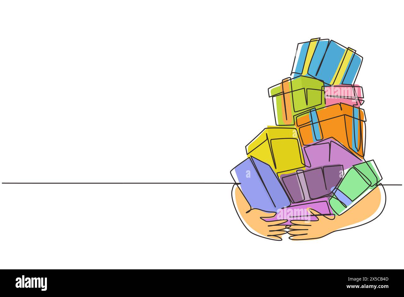 Continuous one line drawing woman holding pile of gifts over white ...