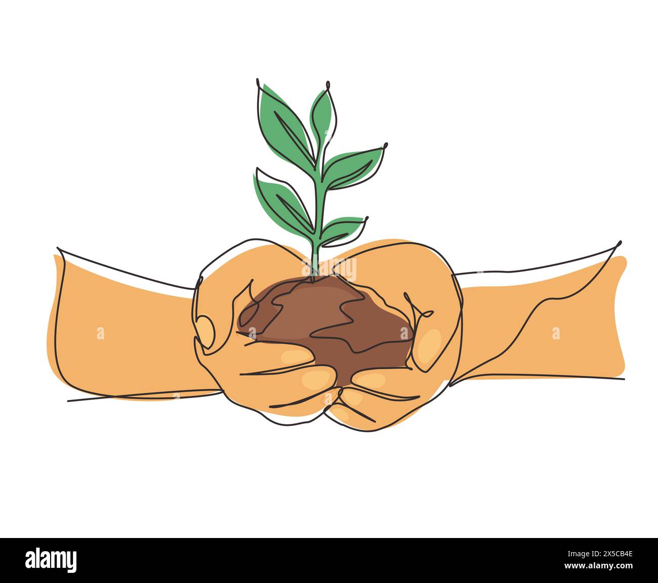 Single continuous line drawing hands holding plant in soil on white background. Environment ...