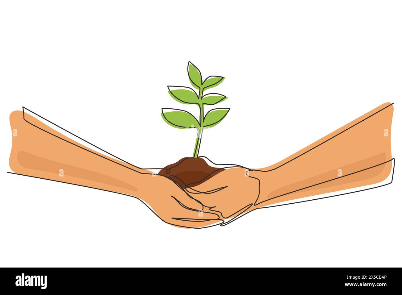 Continuous one line drawing two hands holding together a green young ...