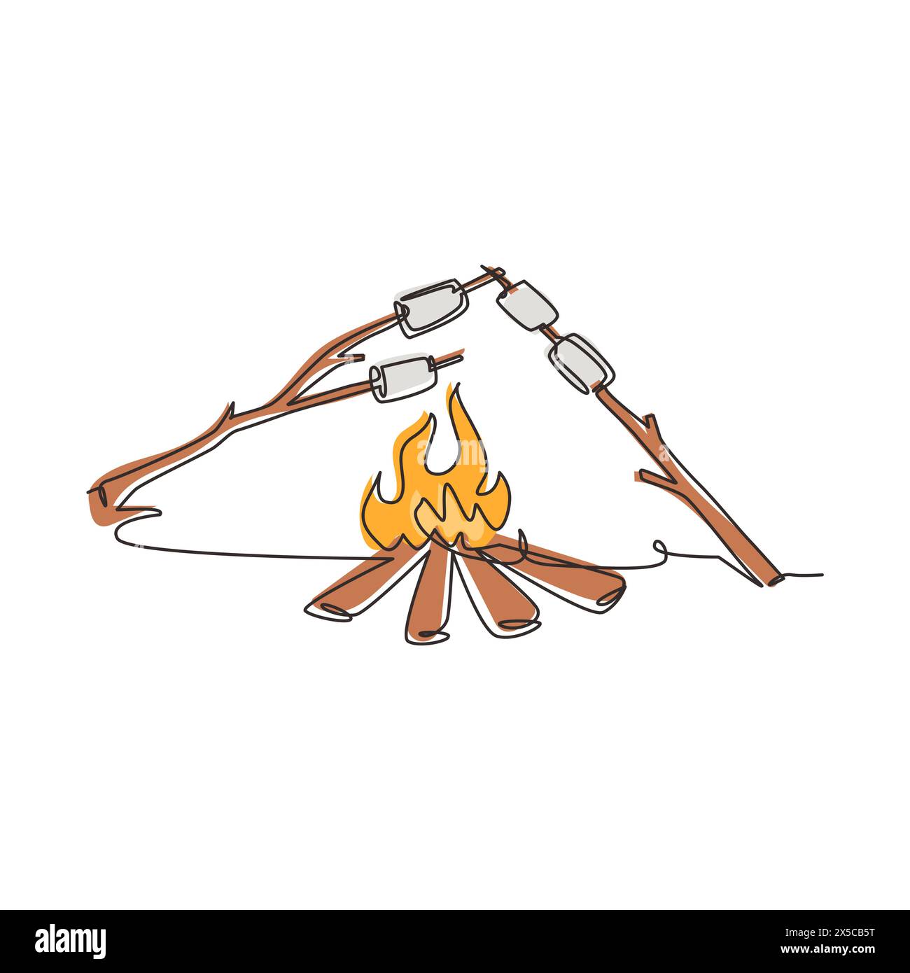 Single continuous line drawing roasting marshmallow on bonfire at night ...