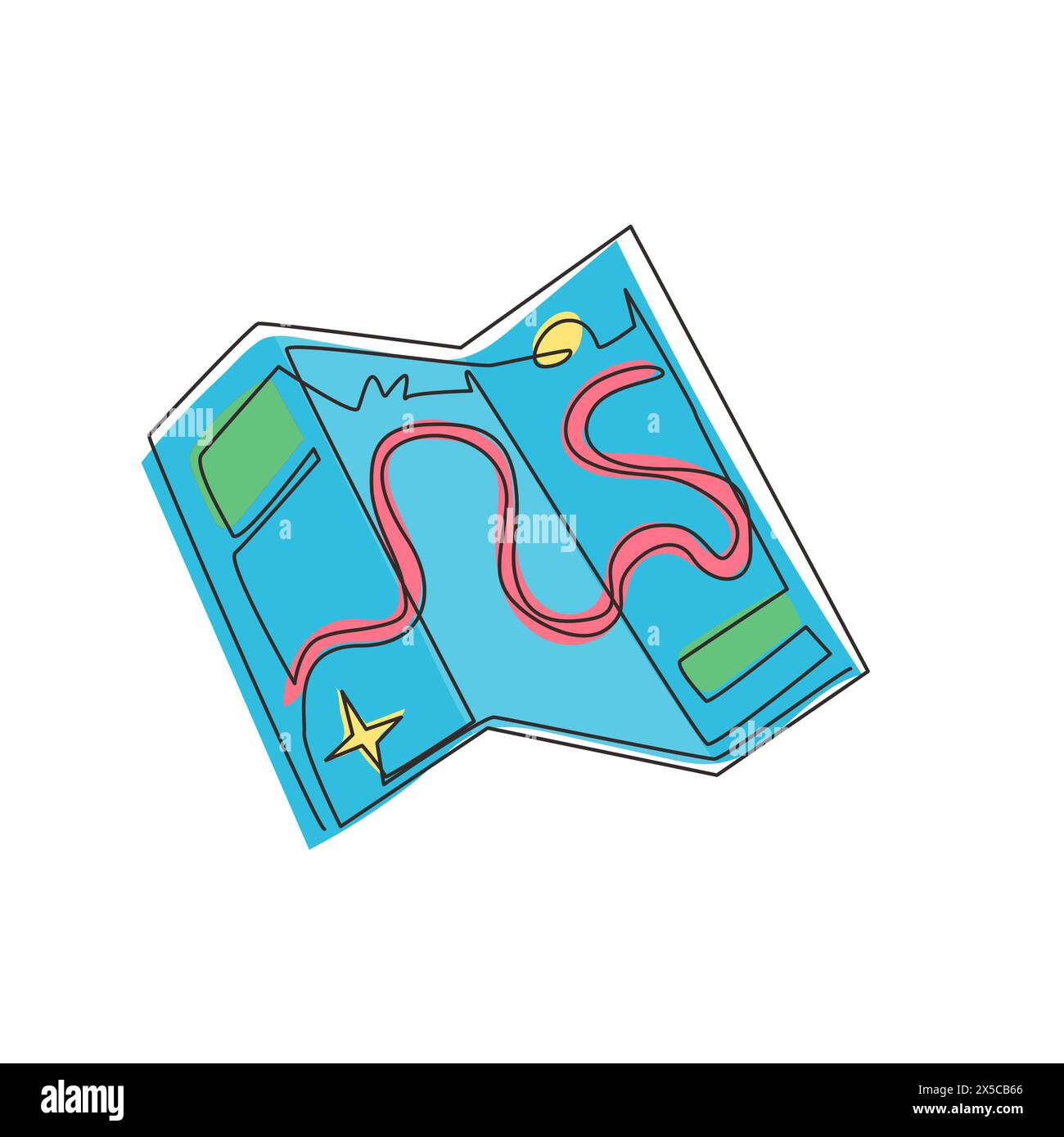 Continuous one line drawing map for traveling in doodle style. Folded ...