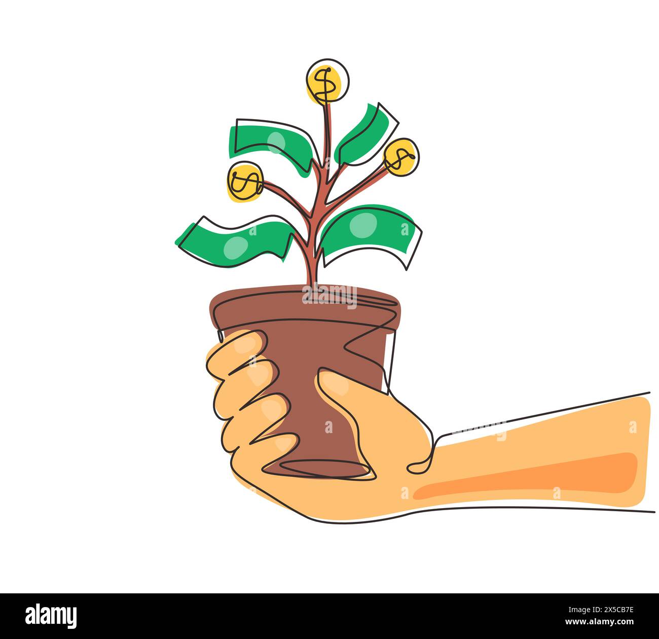 Single one line drawing hand with money plant in the pot. Money tree ...