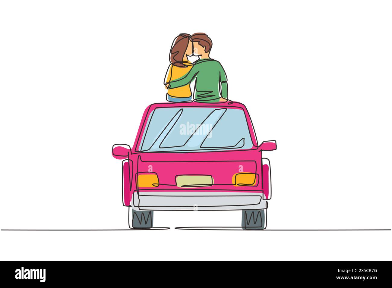 Single Continuous Line Drawing Two Happy Lovers Sitting On Roof Of Car
