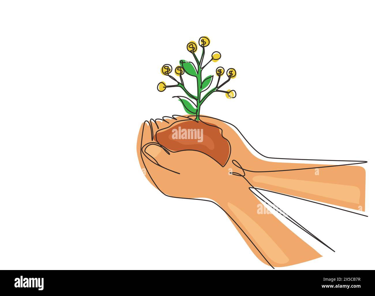 Single continuous line drawing hands of farmer is planting money ...