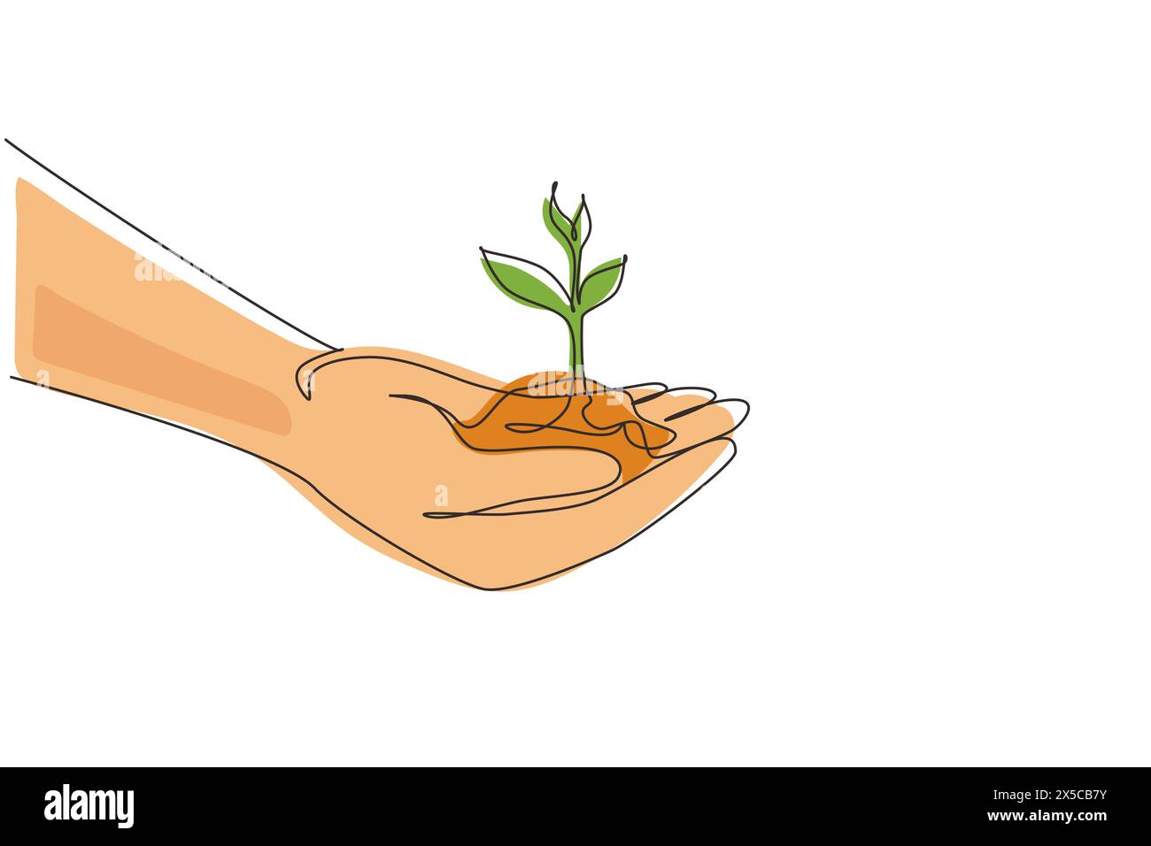Continuous one line drawing close up image of human hands holding sprout. Hand holding tree on ...