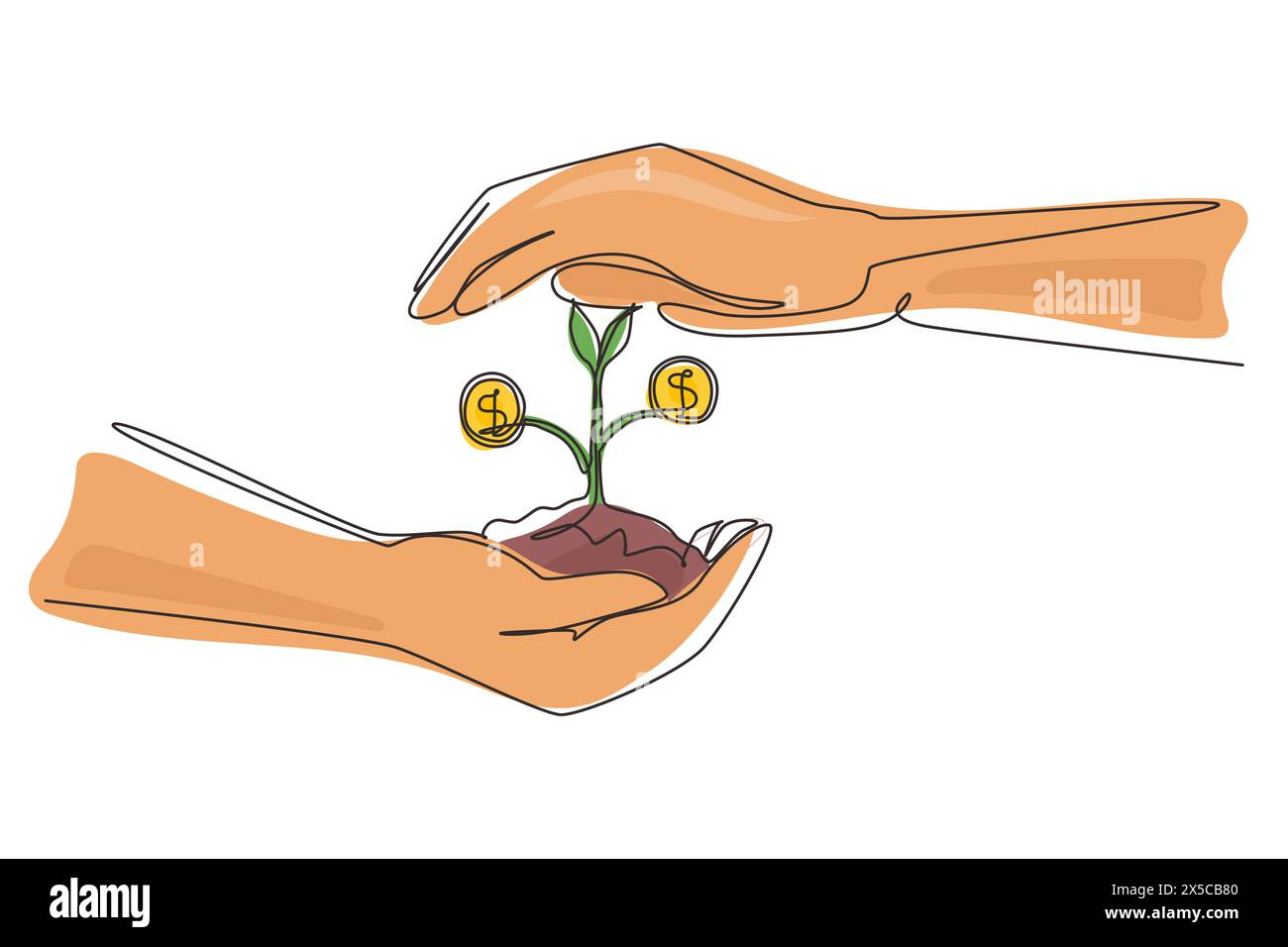 Single one line drawing hand holding money tree on nature field ...
