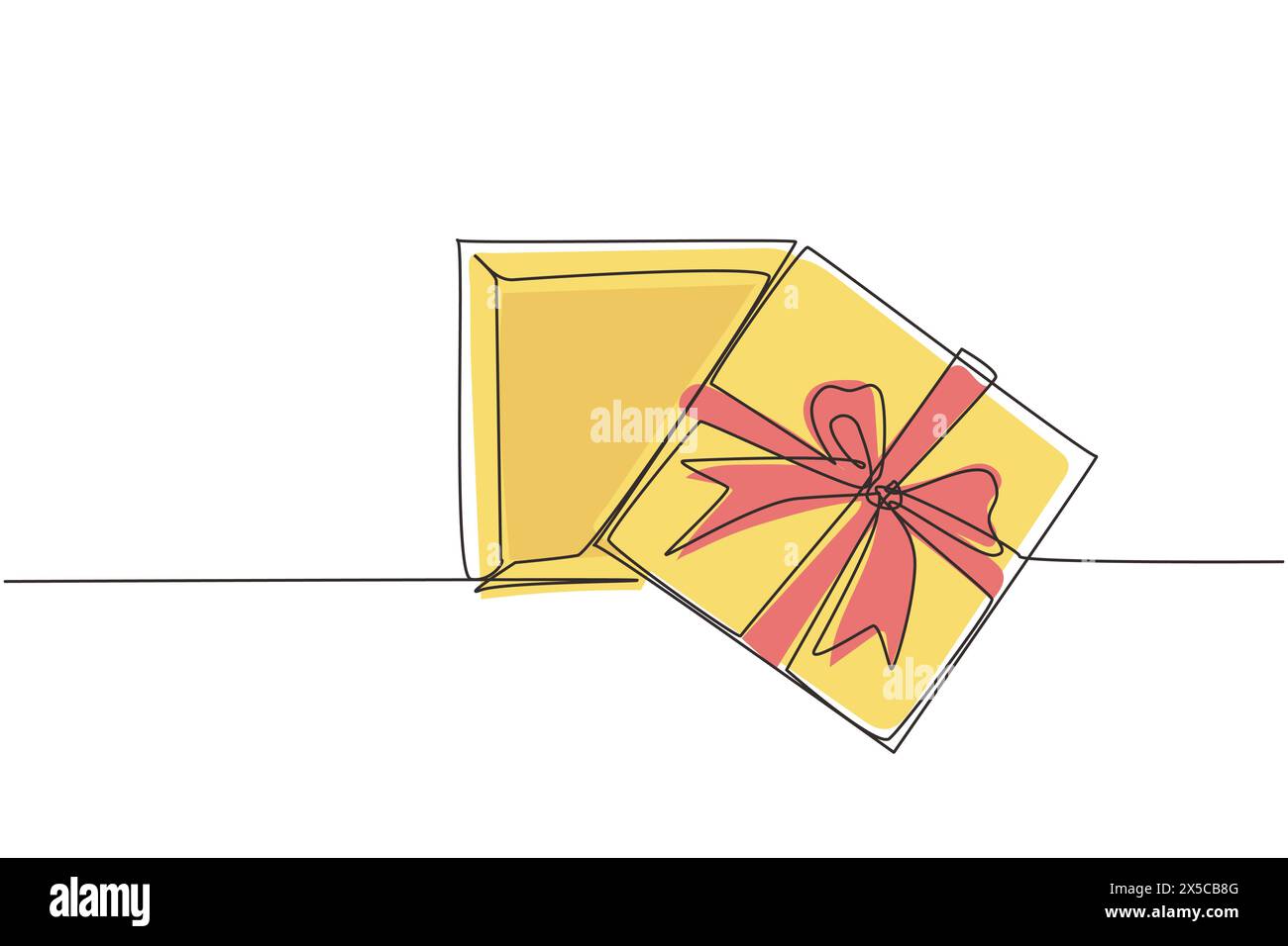 Single continuous line drawing top view open gift box and confetti ...