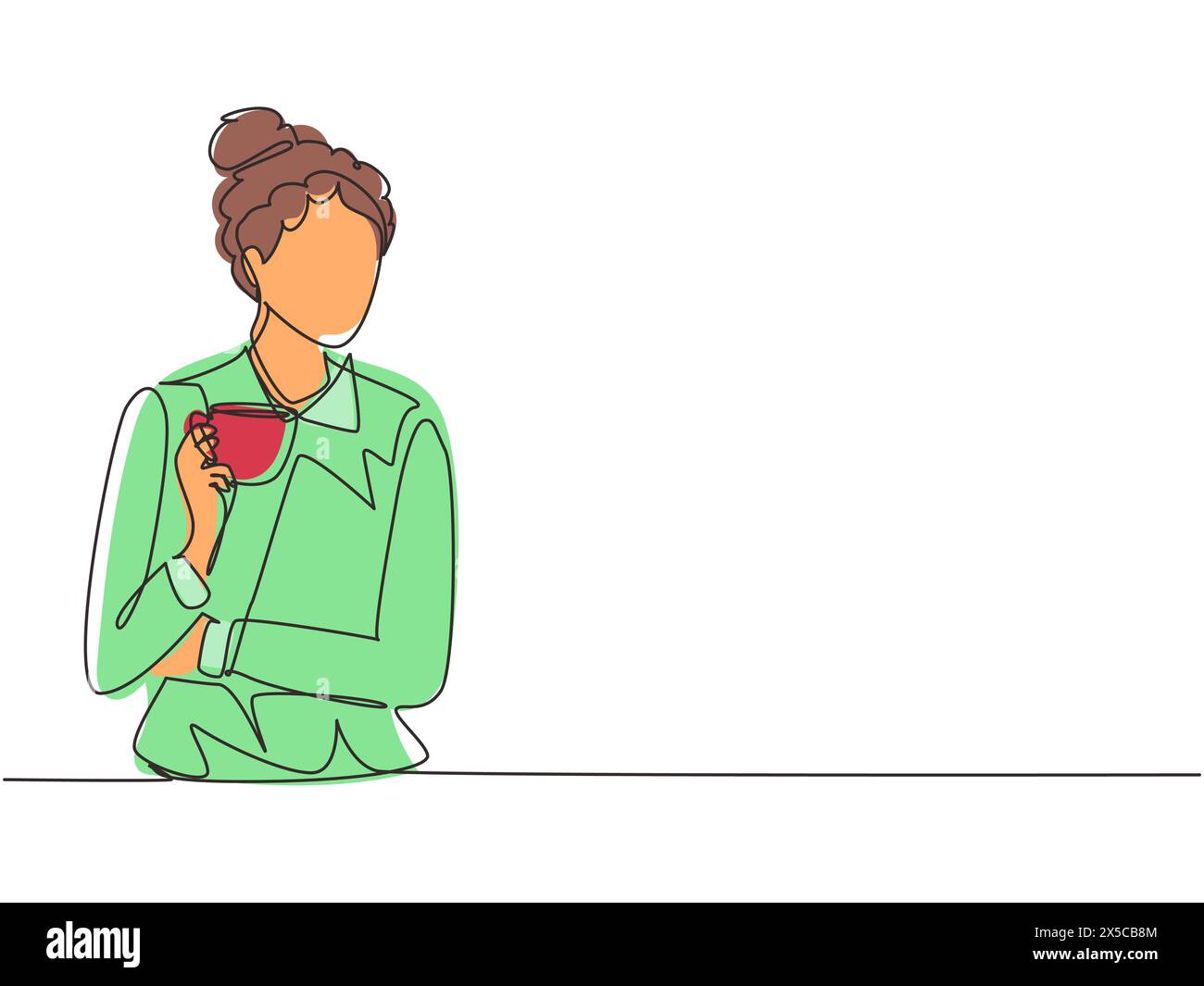 Continuous one line drawing business woman holding and drinking coffee ...