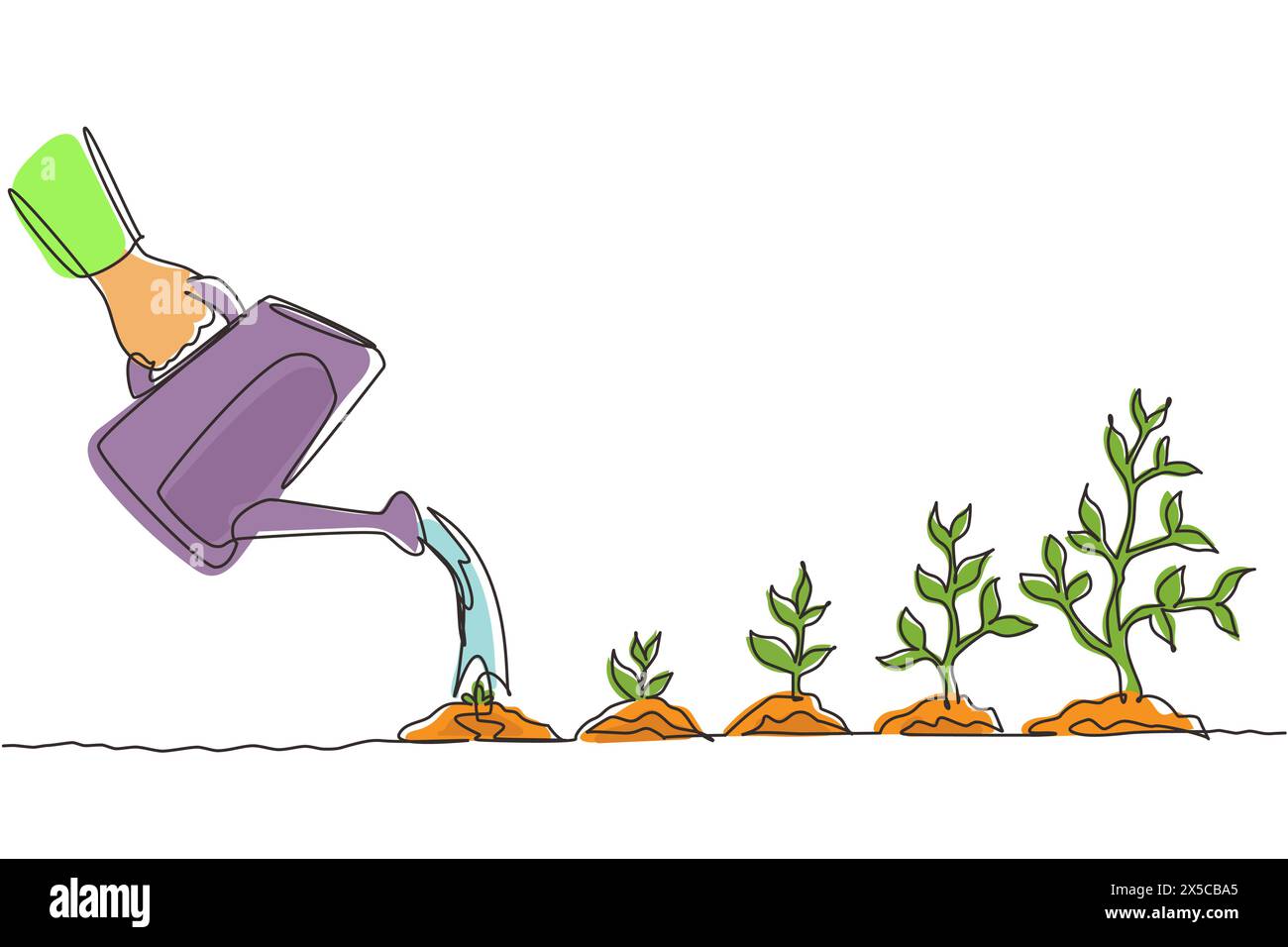 Single continuous line drawing hand with can watering plant at garden. Earth day save ...