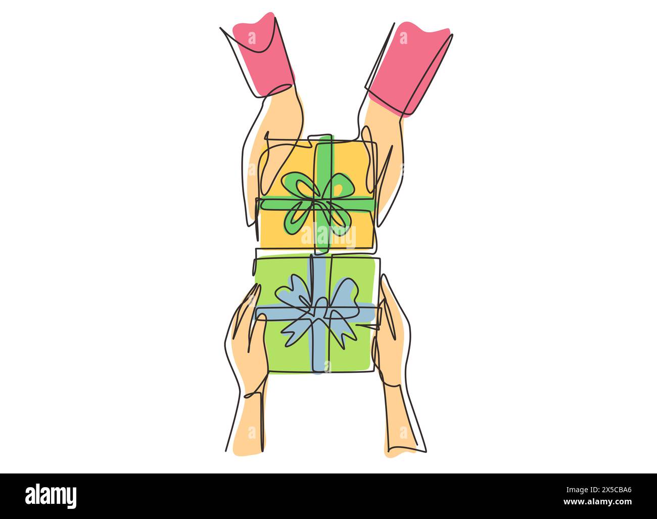 Single one line drawing gives gift new year presents laid on wooden ...