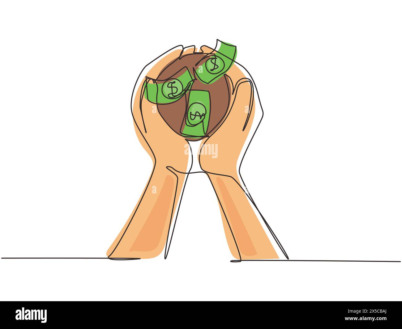 Single continuous line drawing two hands carrying bag of potting money ...