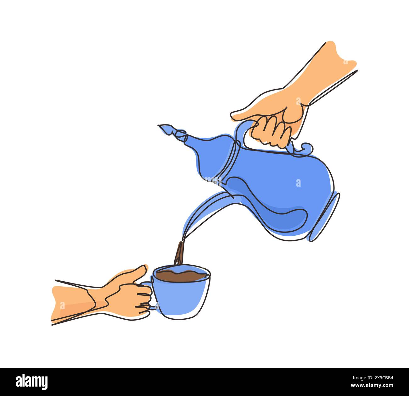 Single continuous line drawing hand pouring hot black coffee from ...