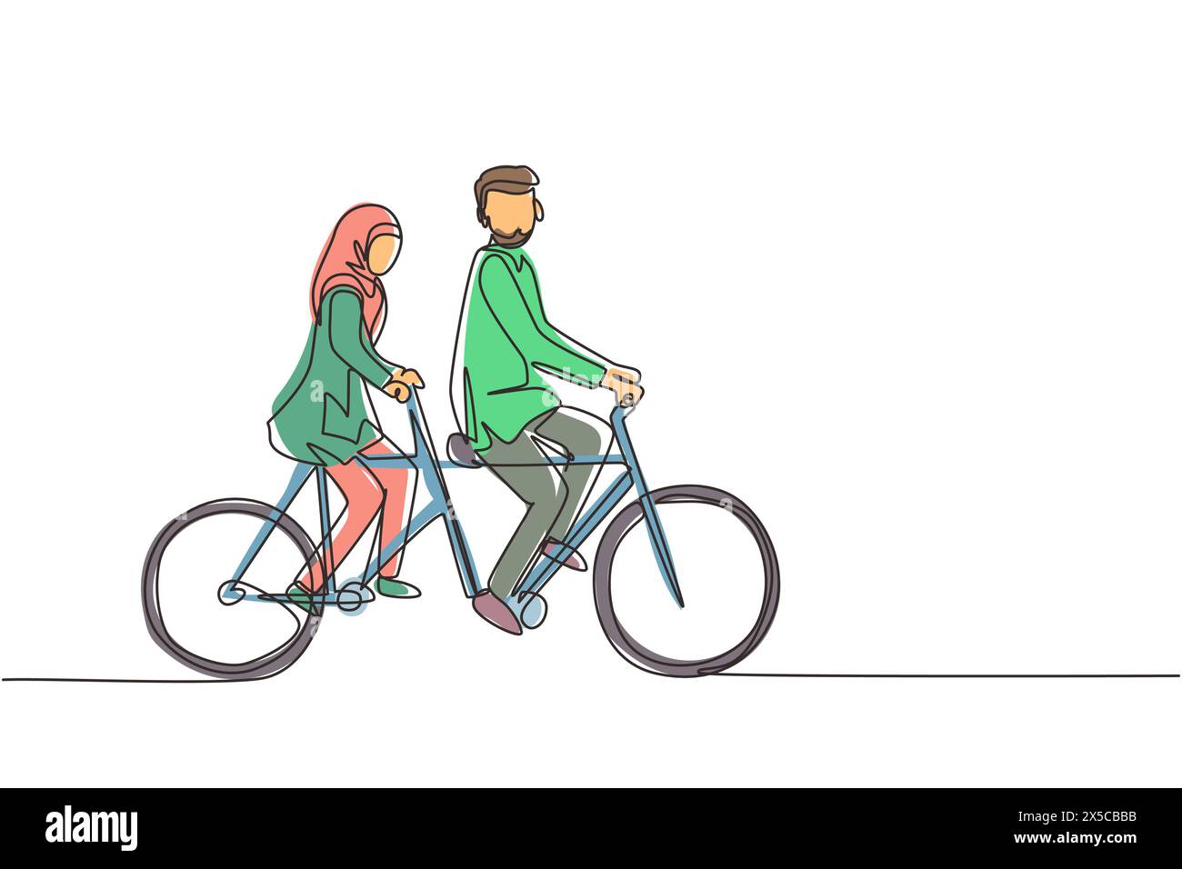 Continuous One Line Drawing Romantic Arabic Couple Couple Is Riding