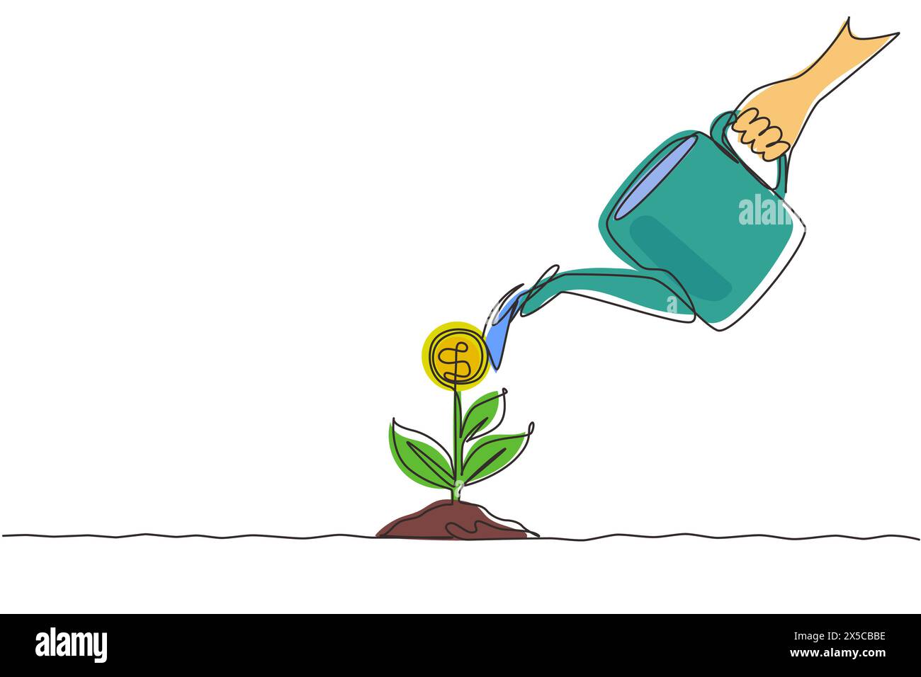 Continuous one line drawing hand holding watering can watering money ...