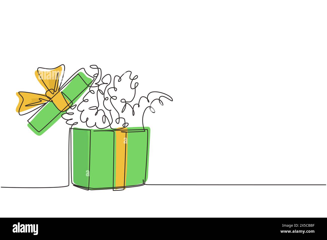 Single continuous line drawing opened gift box with confetti. Present ...