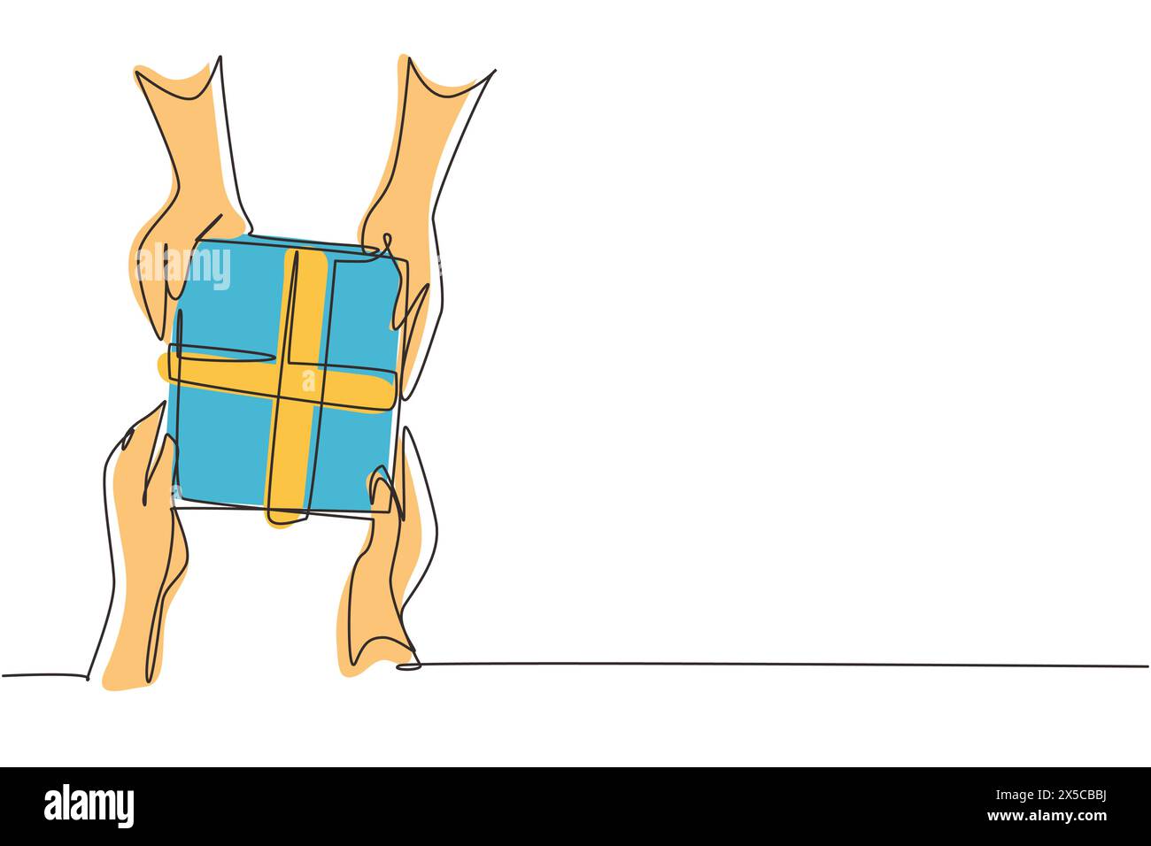 Single one line drawing gives gift box presents laid on wooden table ...