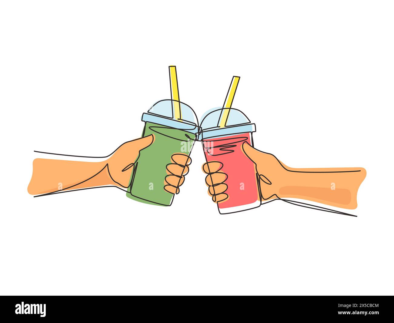 Single one line drawing two hands holding plastic cup bubble tea is ...