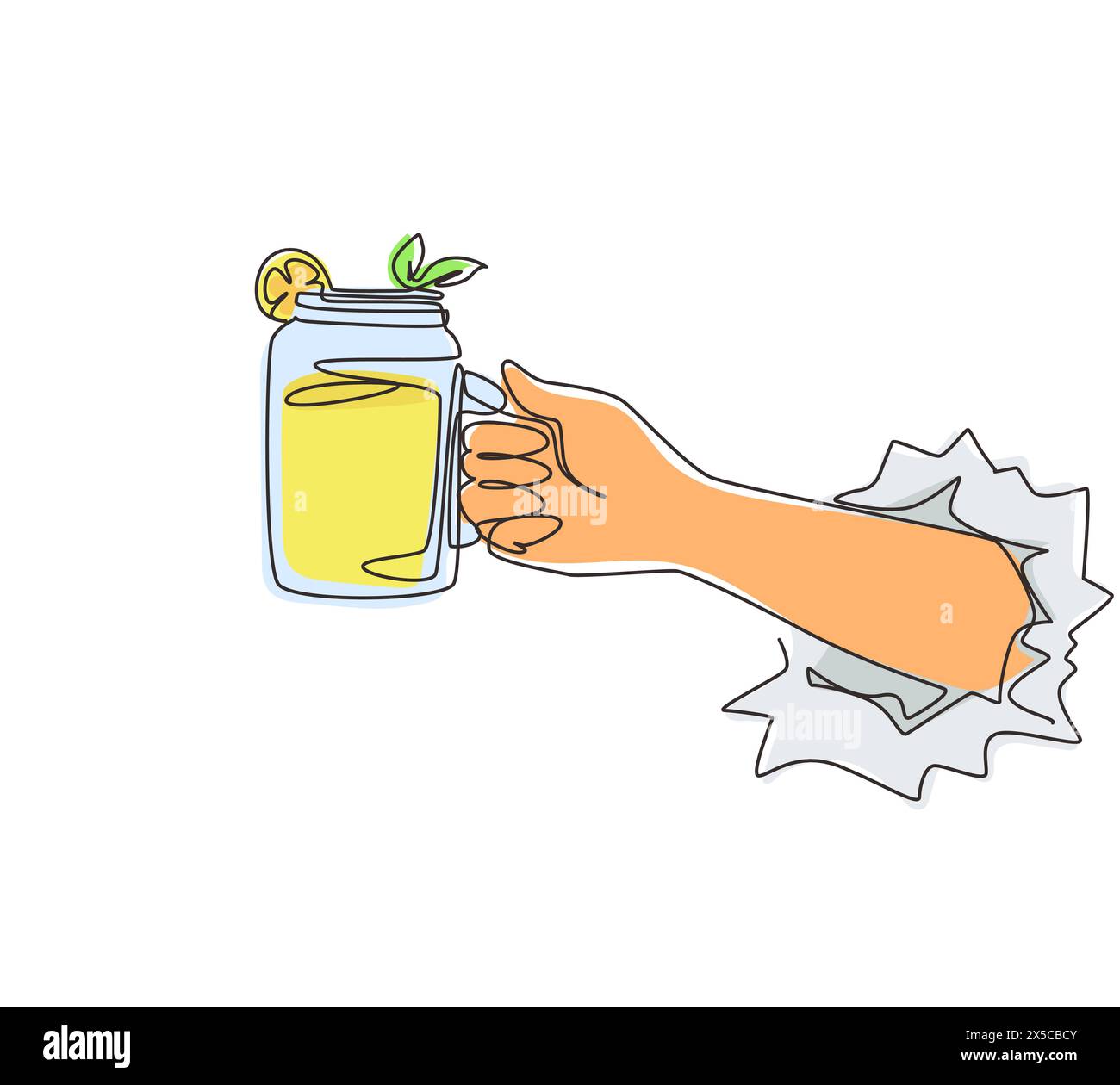 Single continuous line drawing hand holding lemonade mug with ice and ...