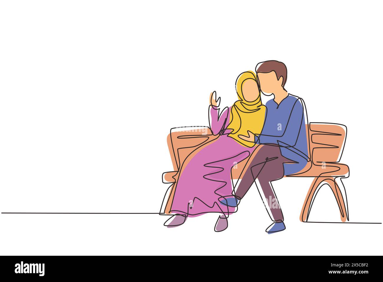 Single continuous line drawing romantic Arabic couple on bench in park ...