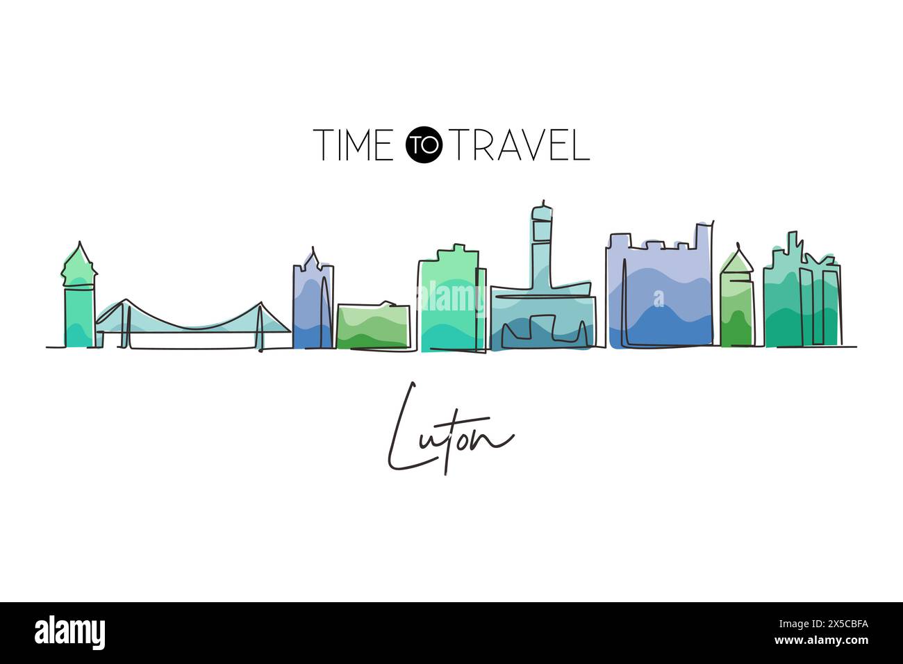 Continuous one line drawing Luton city skyline, England. Historical ...