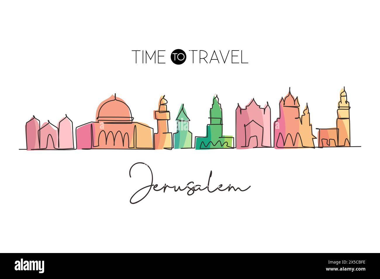 Single continuous line drawing Jerusalem holy city skyline, Palestine ...