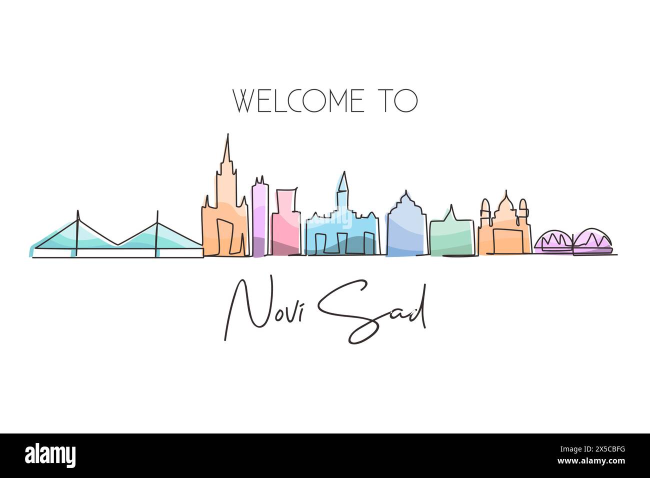 Single continuous line drawing Novi Sad city skyline, Serbia. Beautiful ...