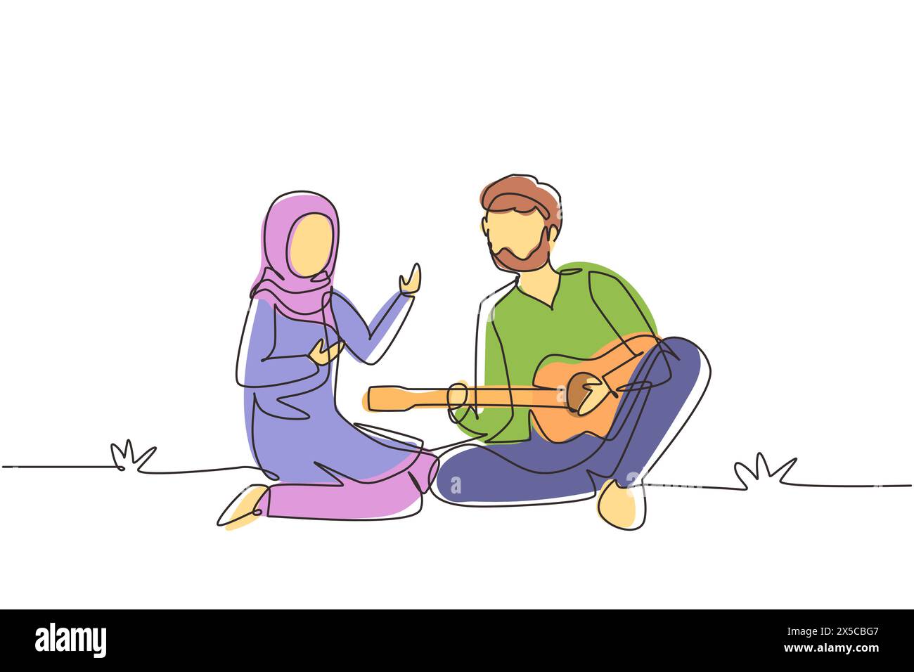 Single continuous line drawing Arabian couple of lovers has picnic on ...