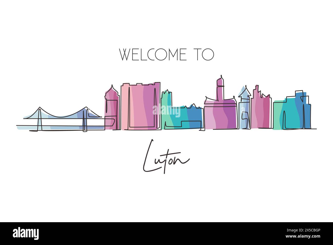 Continuous one line drawing Luton city skyline, England. Famous city ...
