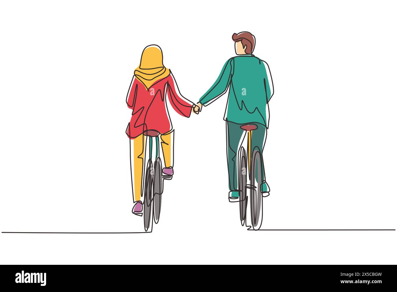 Continuous one line drawing happy Arabian couple ride bicycles in ...