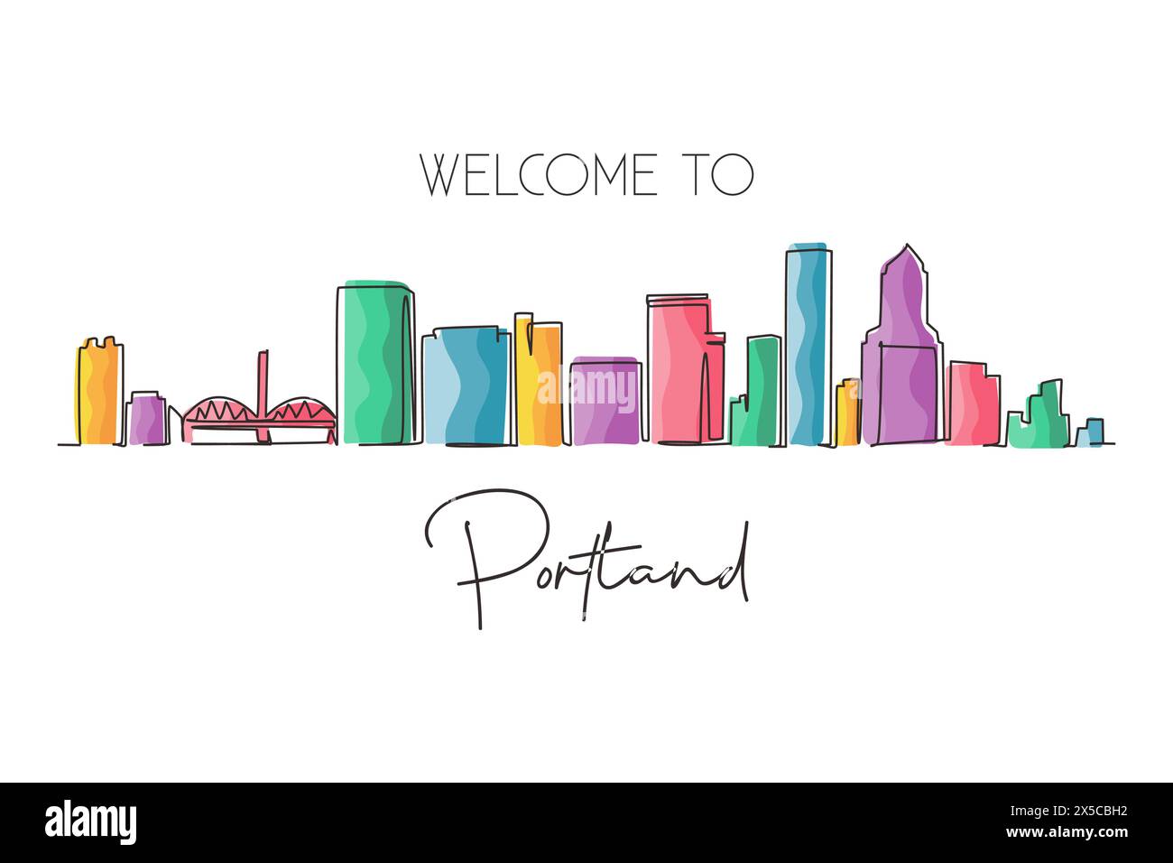 Single one line drawing Portland city skyline, Oregon. Beautiful ...