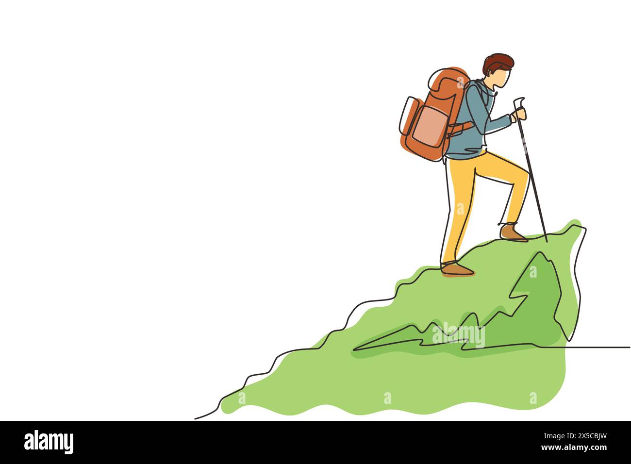 Single continuous line drawing young hiker with backpack on top of ...