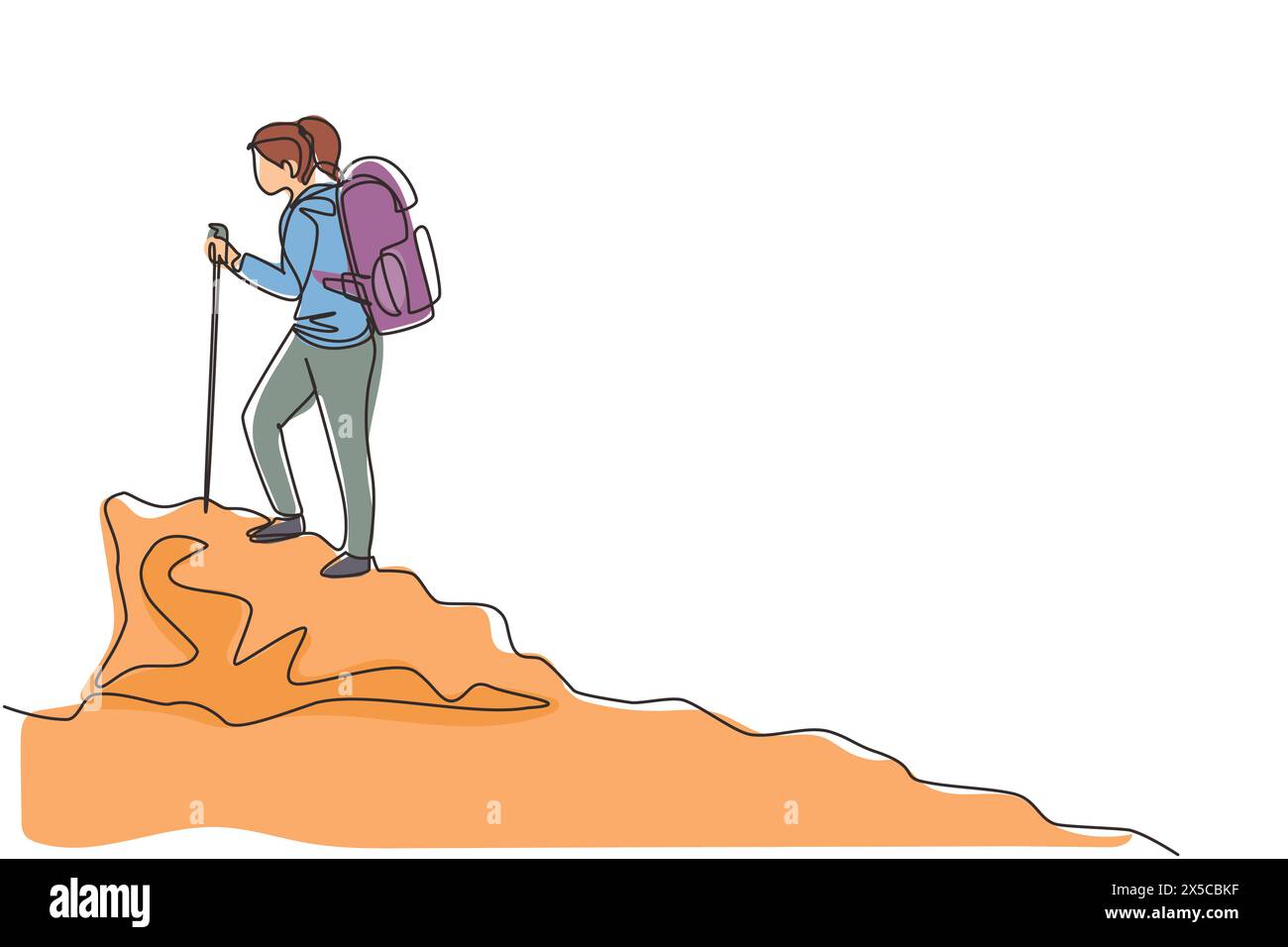 Single continuous line drawing woman climbing up cliff or mountain ...