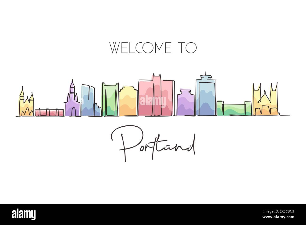 Single one line drawing Portland city skyline, Maine. Beautiful ...