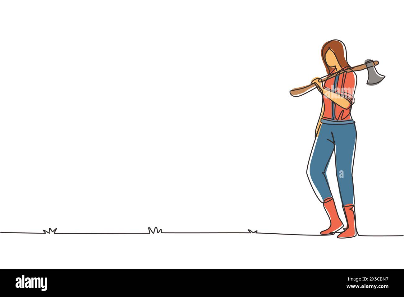 Single continuous line drawing cute woman lumberjack standing hold axe ...