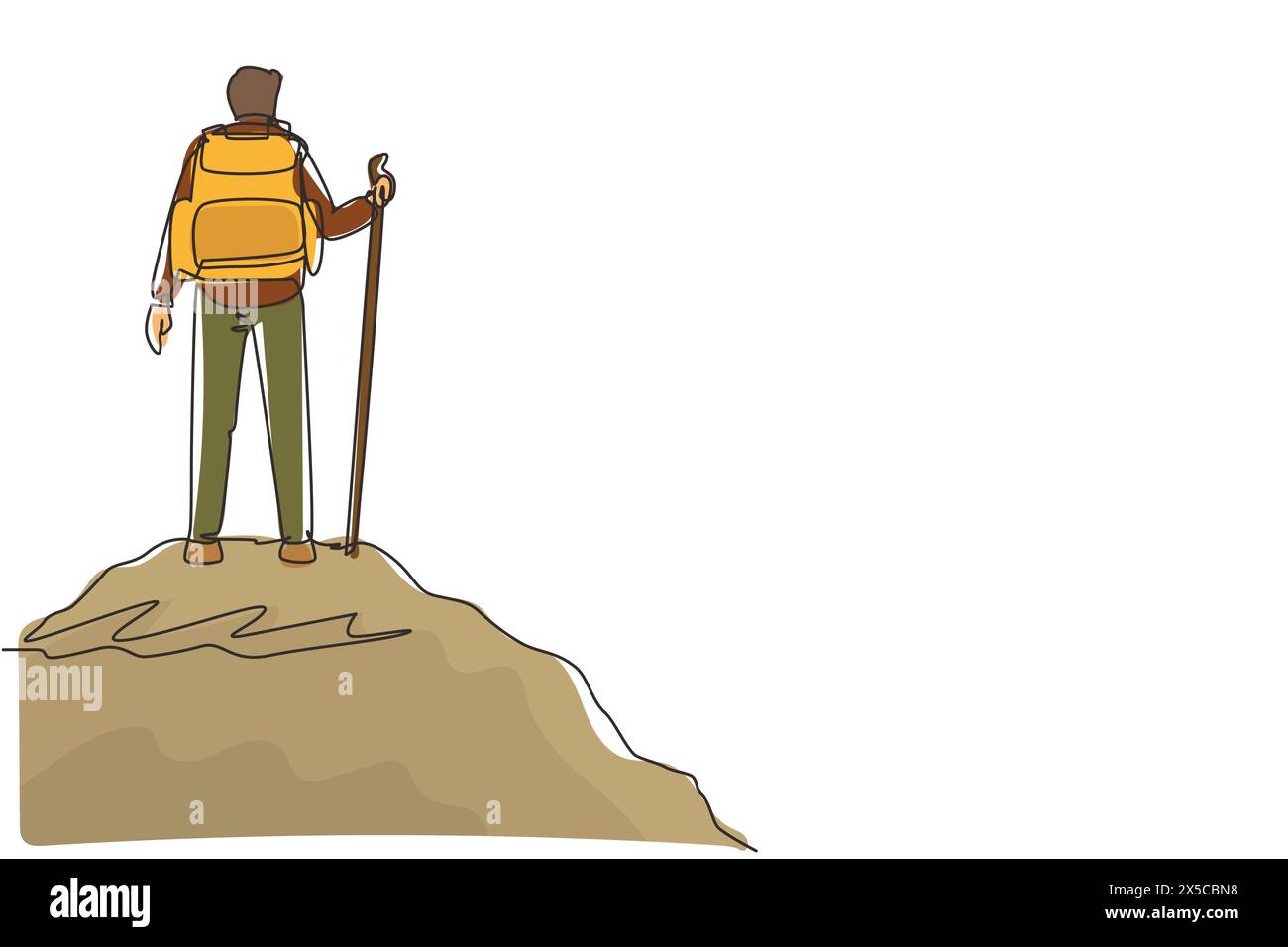 Continuous one line drawing hiker with backpack on top of mountain ...