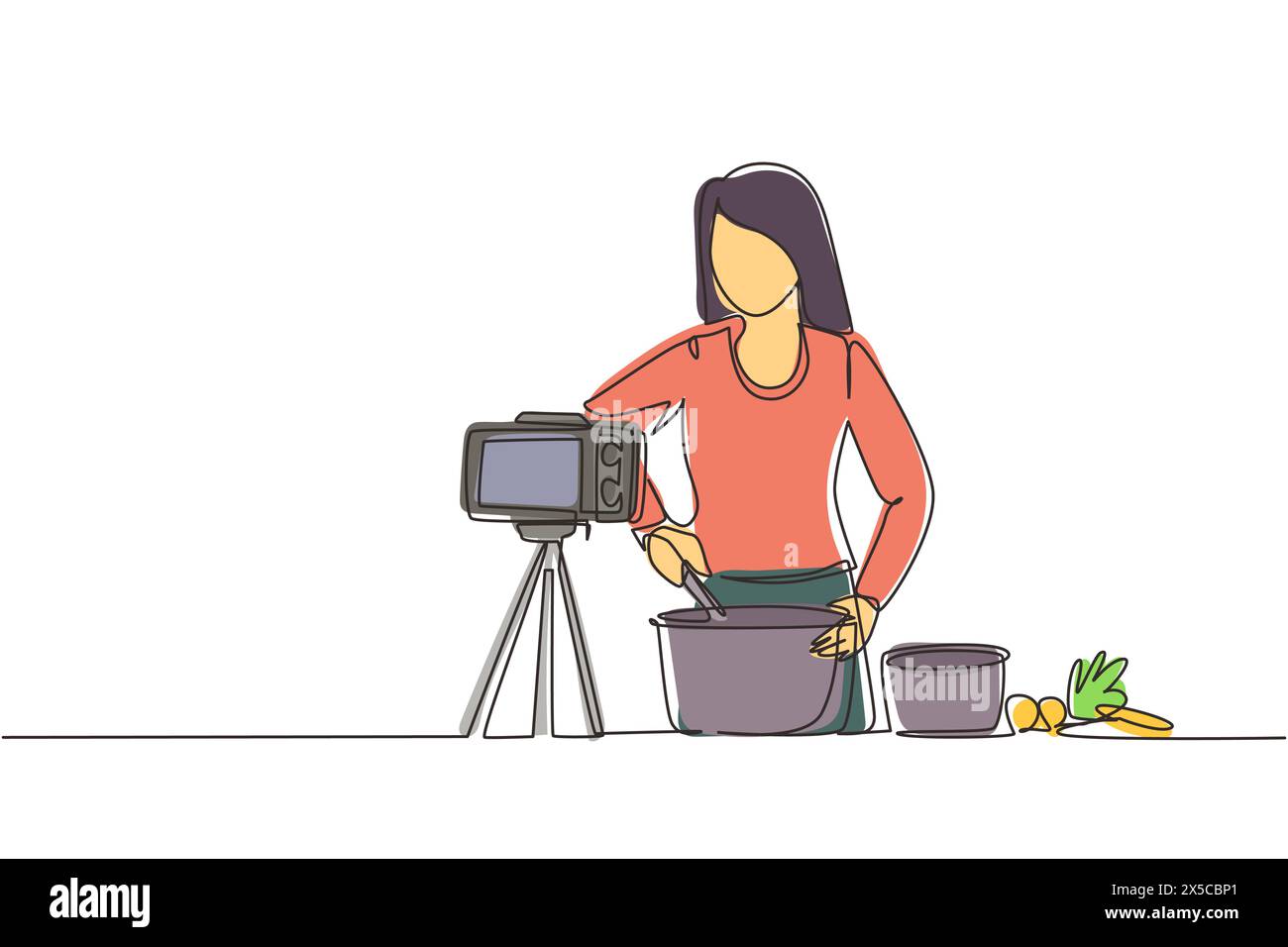 Single one line drawing woman in kitchen preparing dessert at home ...