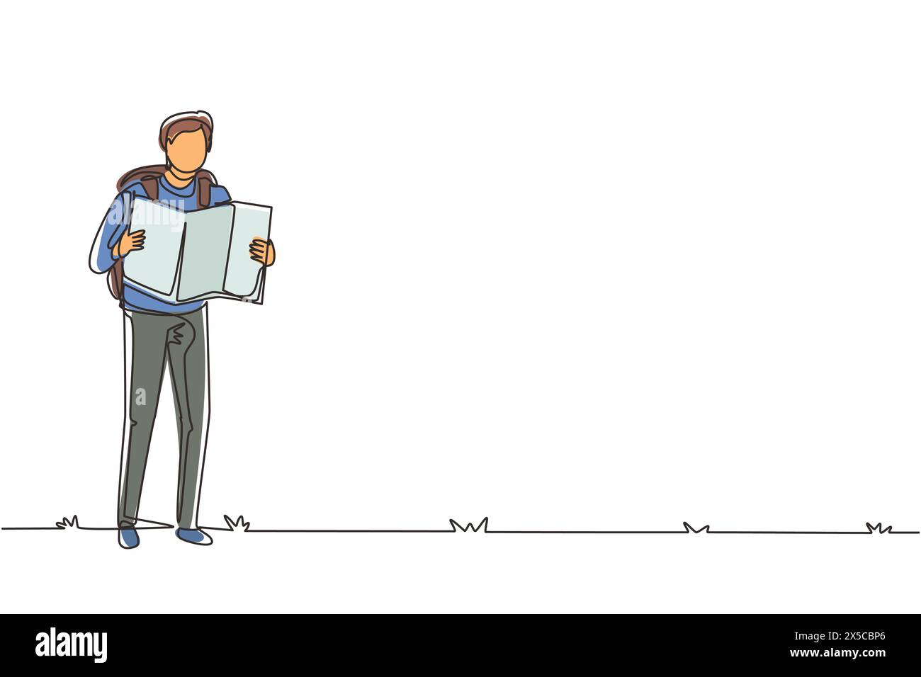 Continuous one line drawing traveler man with map planning walking ...