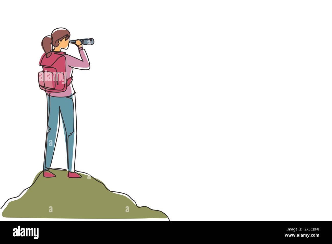 Single one line drawing girl trekking on mountain. Young woman ...