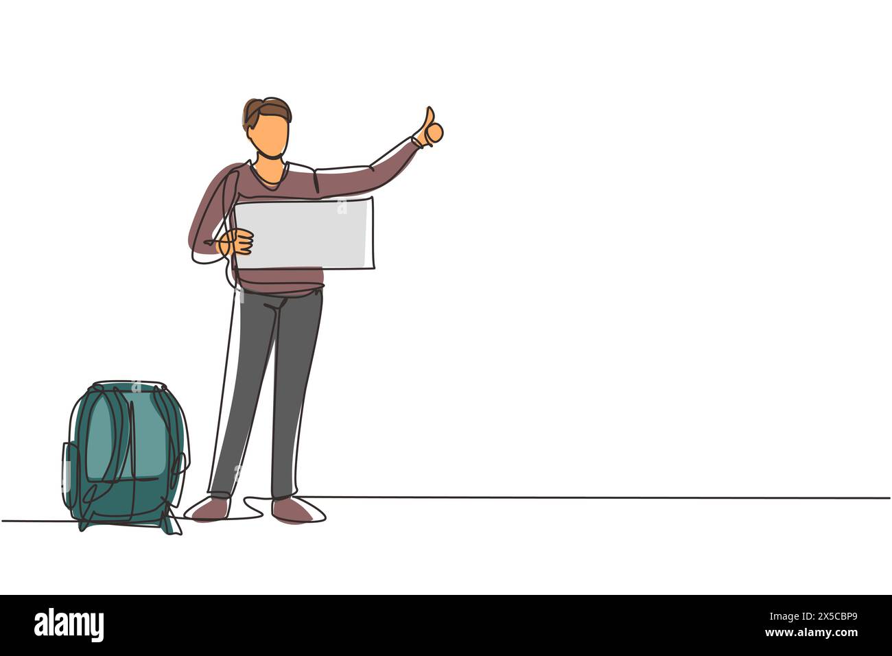 Single one line drawing hitchhiking man with luggage and thumbs up ...
