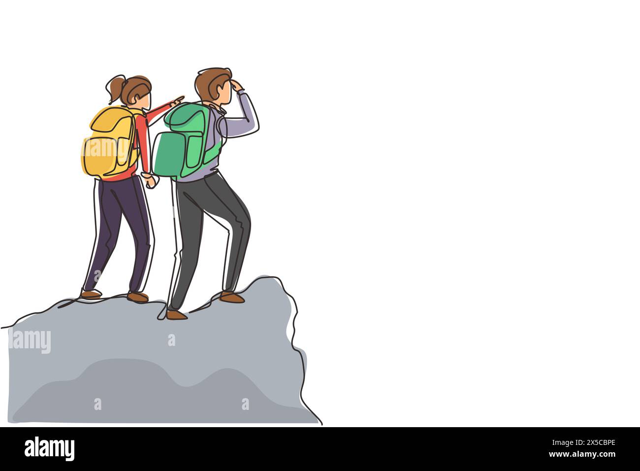 Single continuous line drawing couple on mountain. Happy woman, man ...