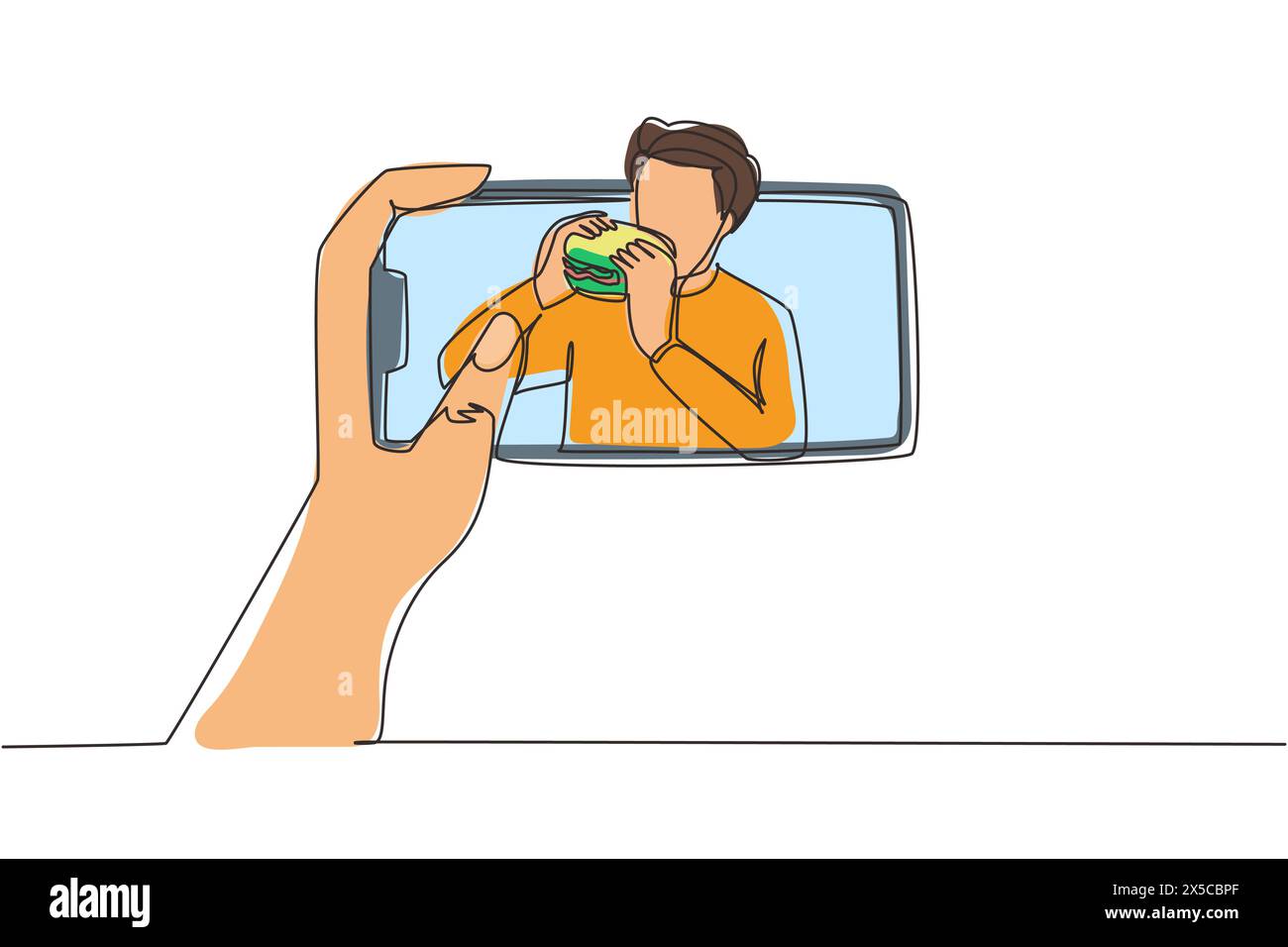 Continuous one line drawing male food blogger eating burger while ...