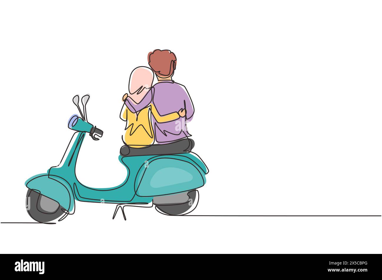 Continuous one line drawing back view Arabic riders couple trip travel ... Continuous one line drawing back view Arabic riders couple trip travel ...