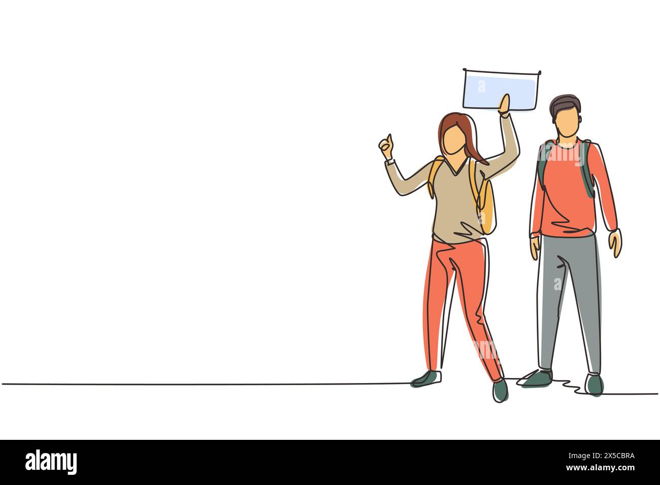 Single one line drawing couple with backpacks standing near road and ...