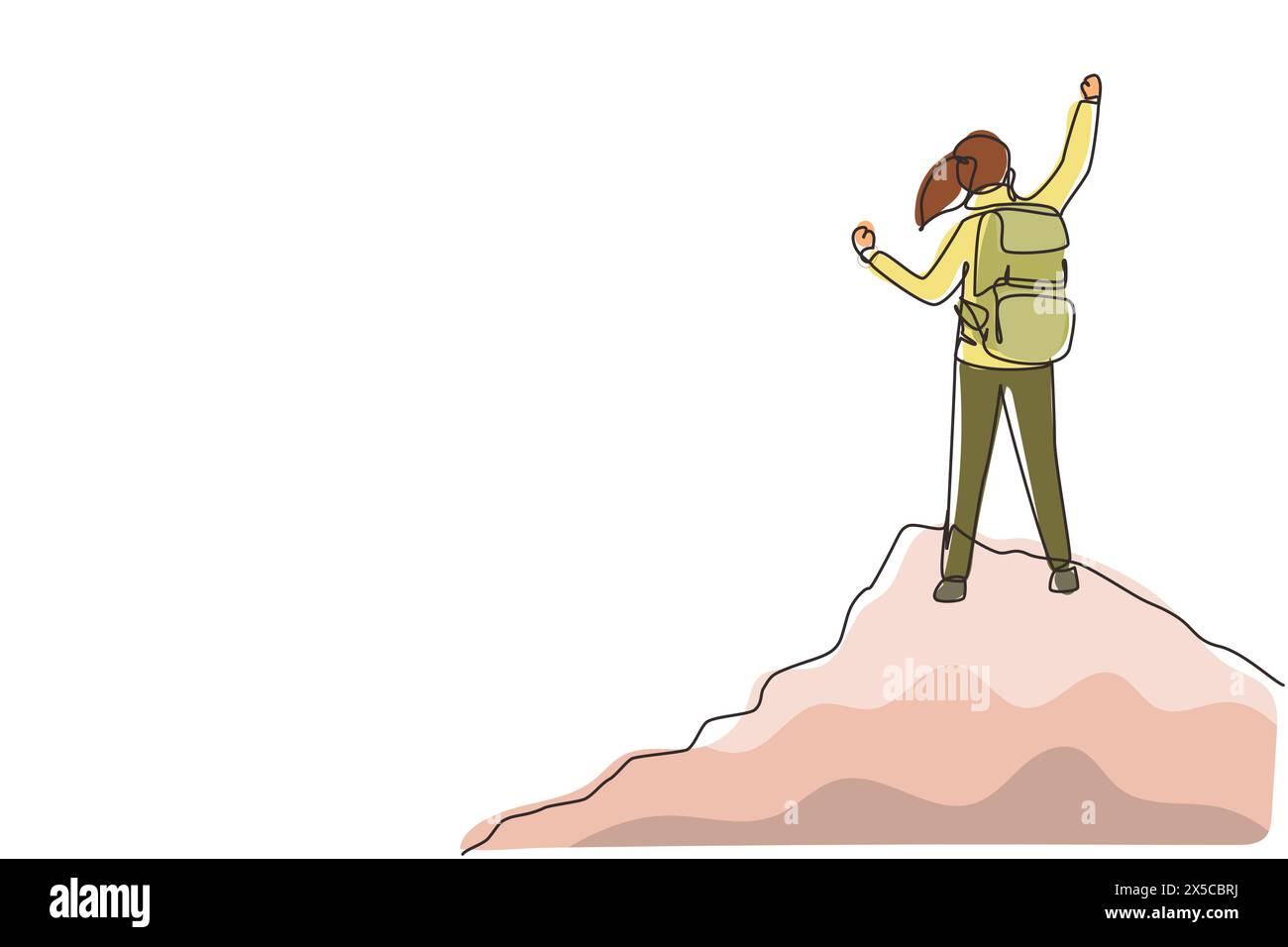 Single one line drawing cheerful woman rising hands after climbing a ...