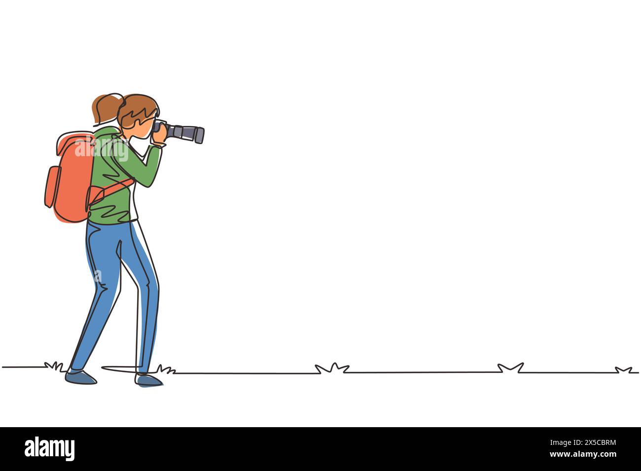 Single one line drawing female photographer standing and taking photo ...