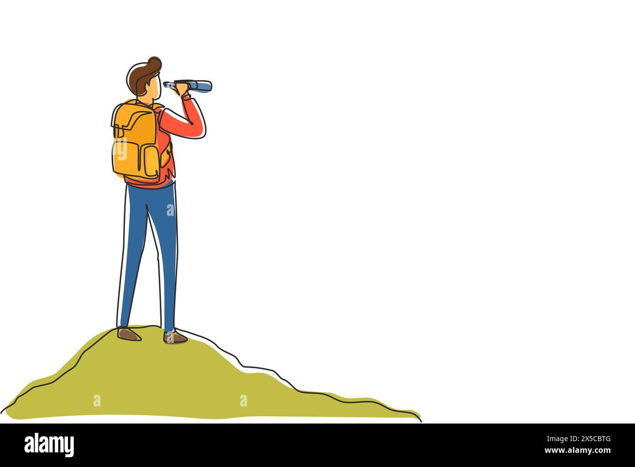 Single continuous line drawing man with backpack, binoculars in summer ...