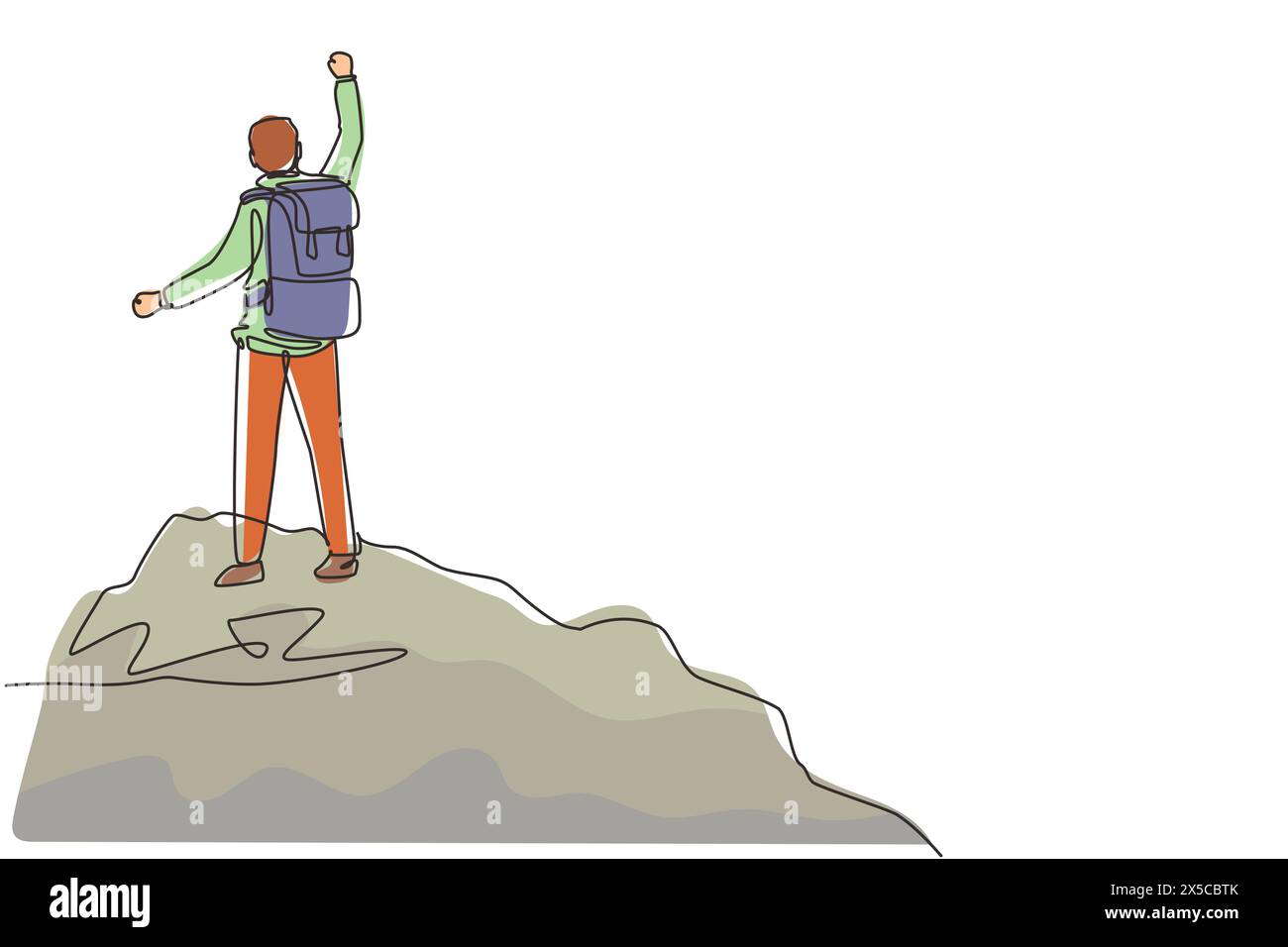 Single continuous line drawing cheerful man rising hands after climbing ...